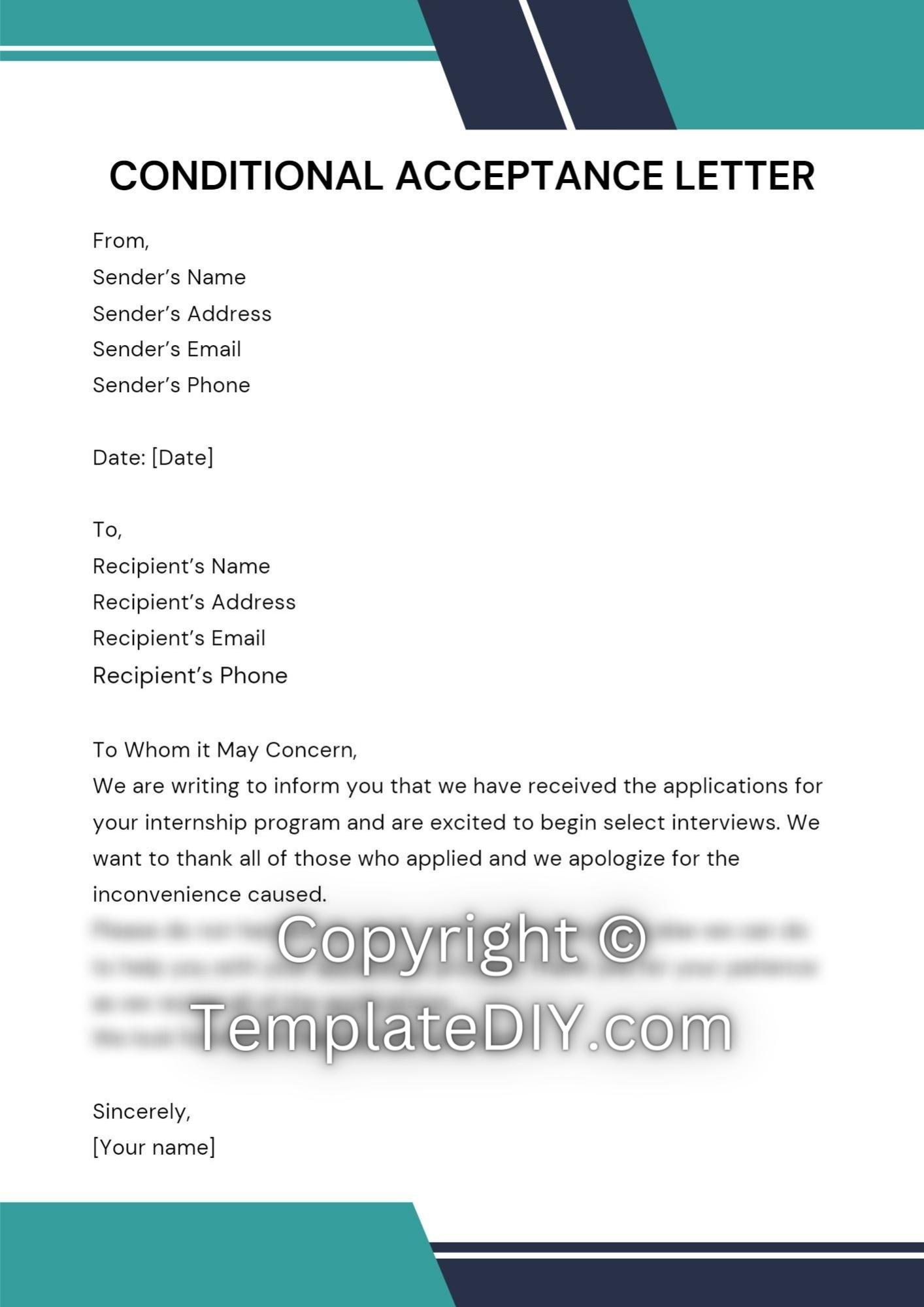 Conditional Acceptance Letter Sample Template Examples