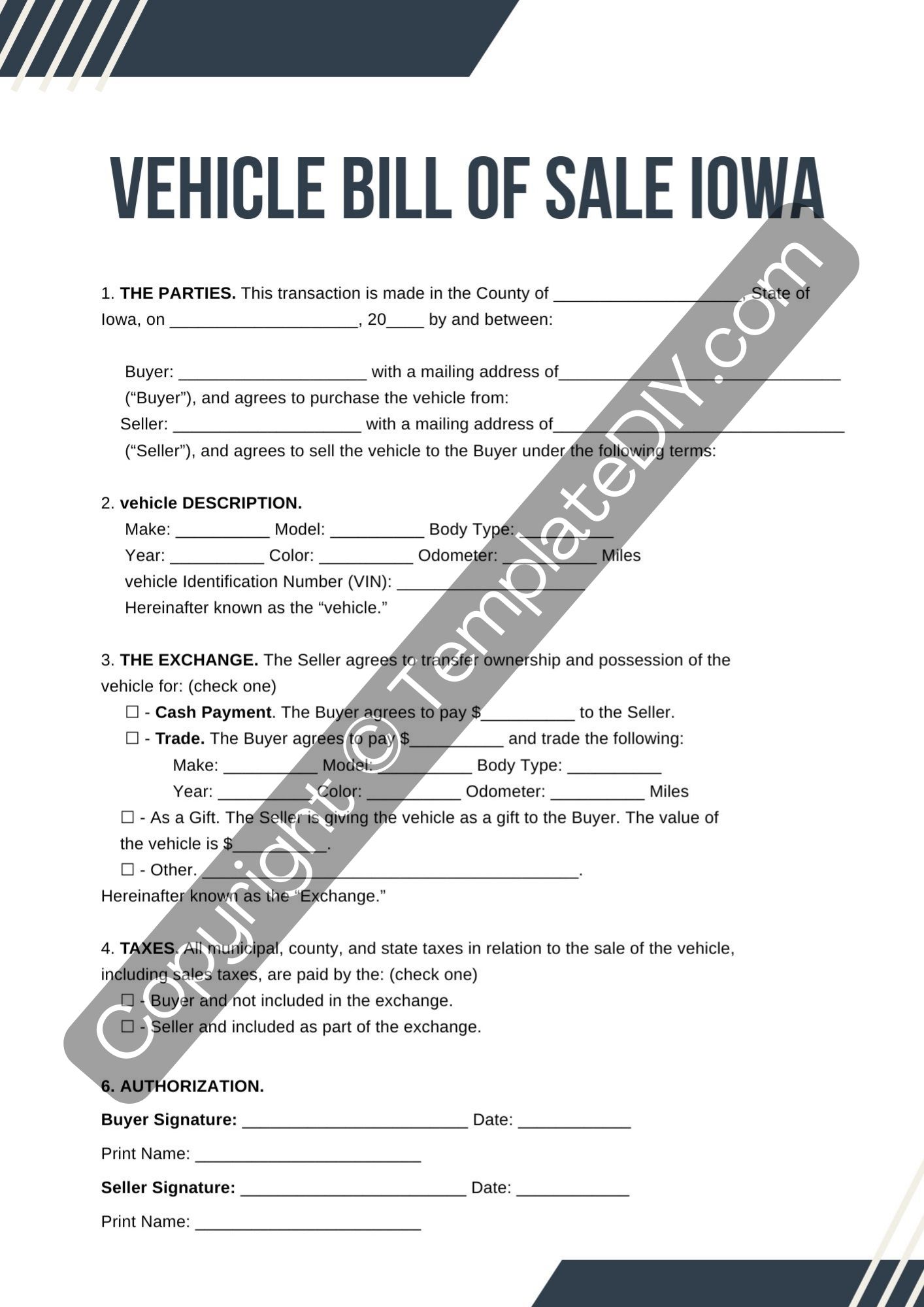 Vehicle Bill Of Sale Iowa Form Template Blank Pdf Word