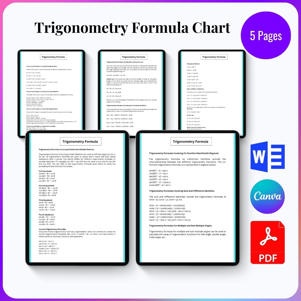 Trigonometry Formula Chart Printable Template In Pdf And Word