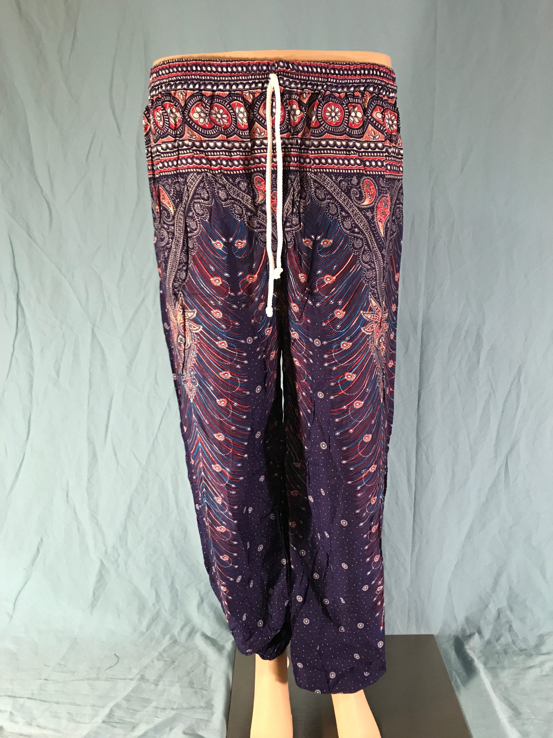 Dark Royal Blue Peacock Print Elephant Pants Thai Express Clothing