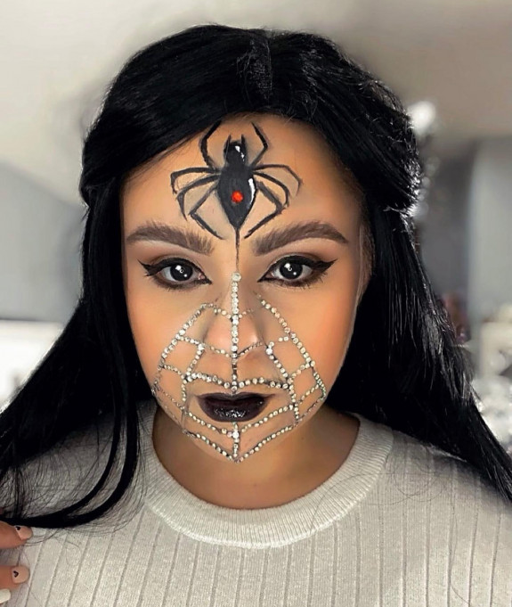 35 Creepy Spider Makeup Ideas For Halloween 2022 —rhinestone Spider Web