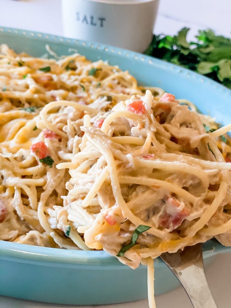 Lightened Up Creamy Chicken Spaghetti Casserole Pound Dropper