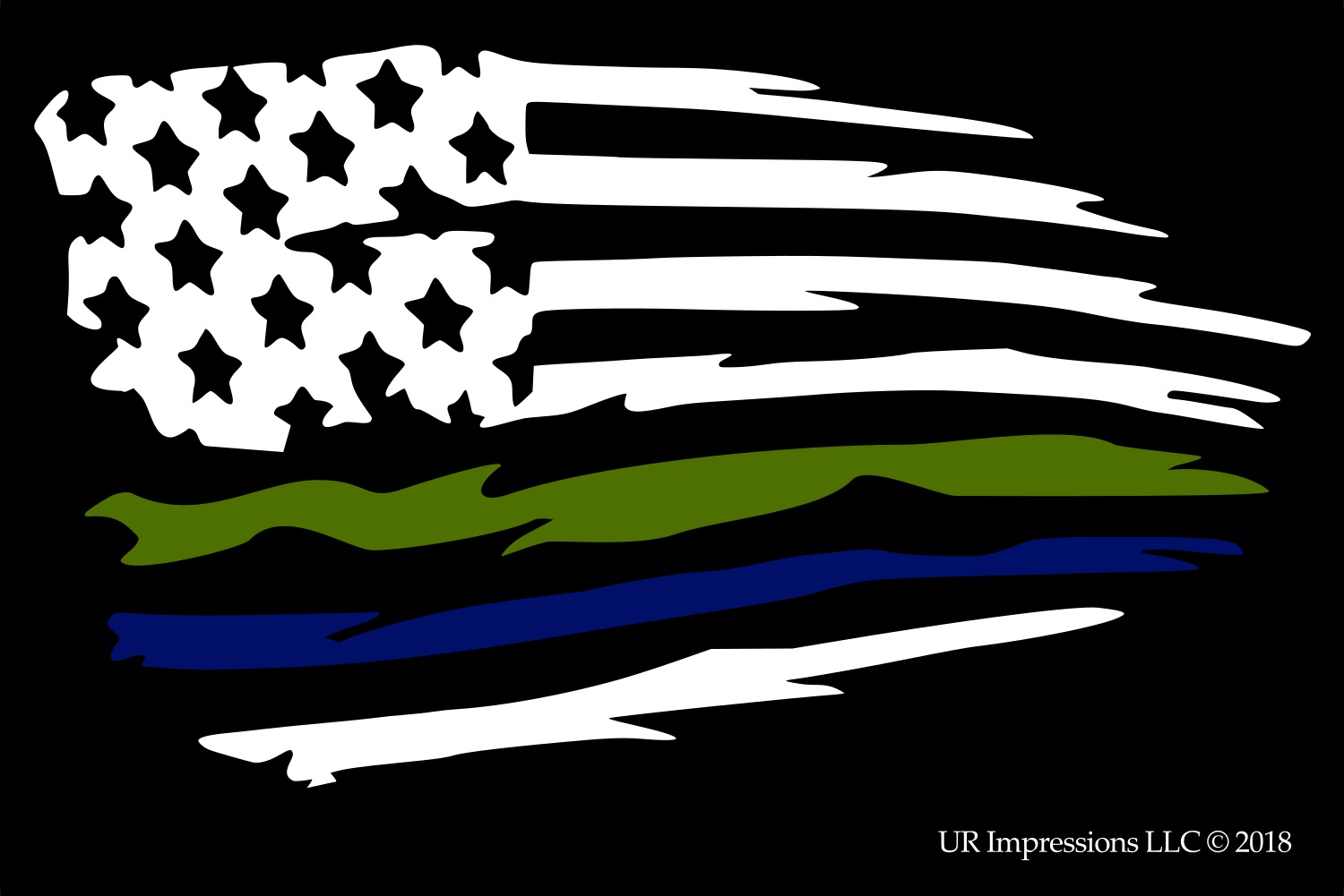 Thin Green And Royal Blue Line Tattered American Flag Decal Ur