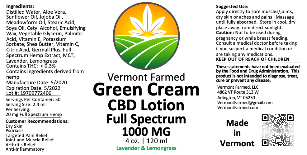 Green Cream Cbd Lotion Vermont Farmed