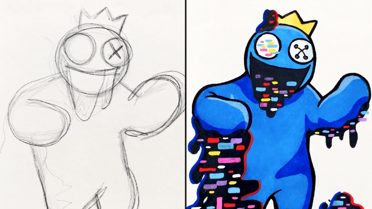 How To Draw Blue Corrupted Pibby Rainbow Friends Roblox Characters Easy