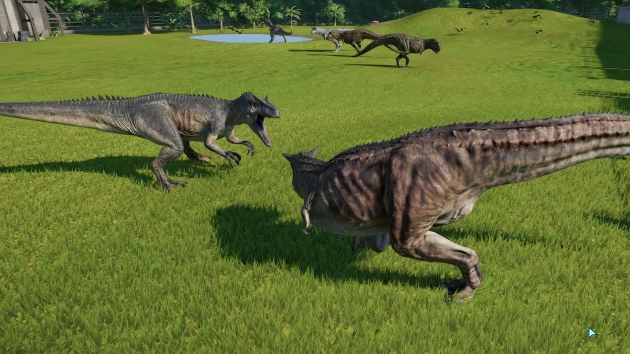 4 Carnotaurus Vs 4 Allosaurus Fight Jurassic World Evolution Dinosaurs