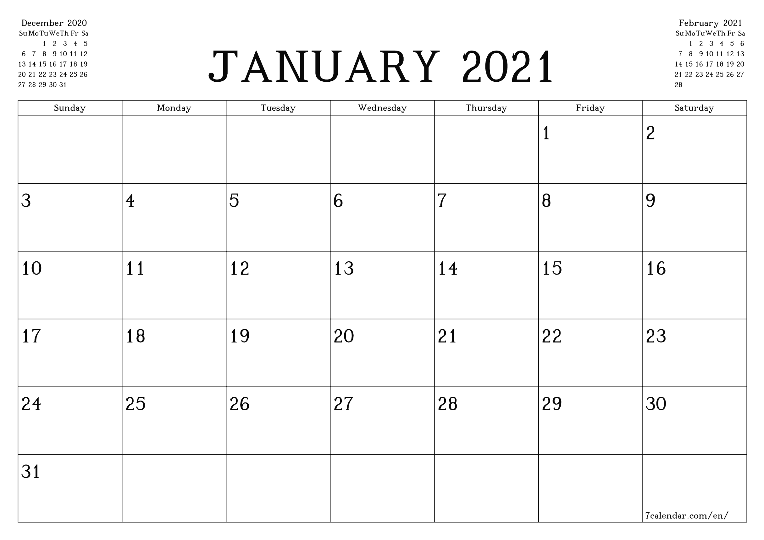 Free January 2021 Calendar Printable Monthly Template