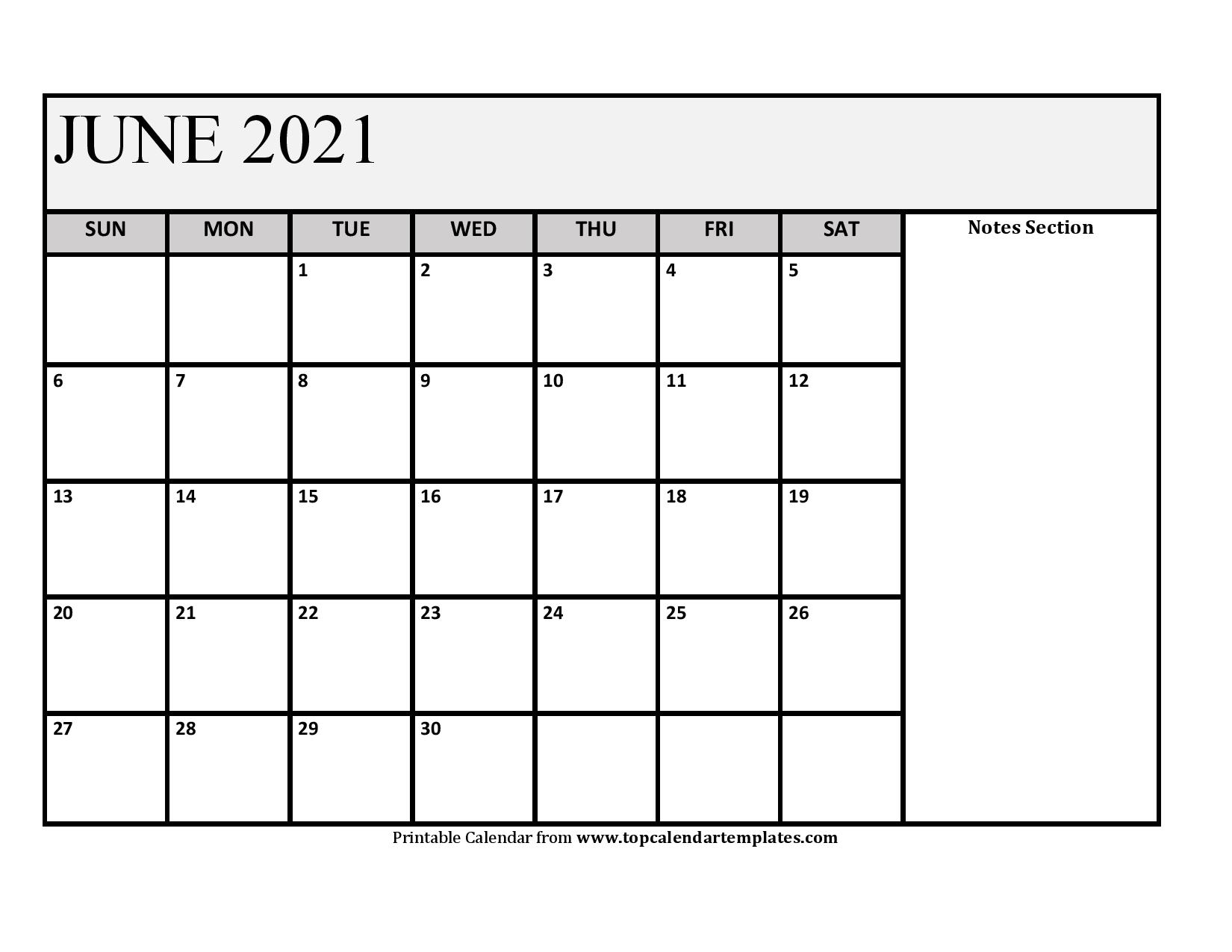 June 2021 Calendar Printable Monthly Template