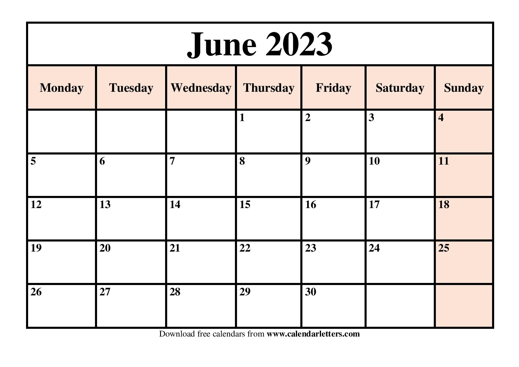 Printable June 2023 Calendar Template Pdf Word Excel