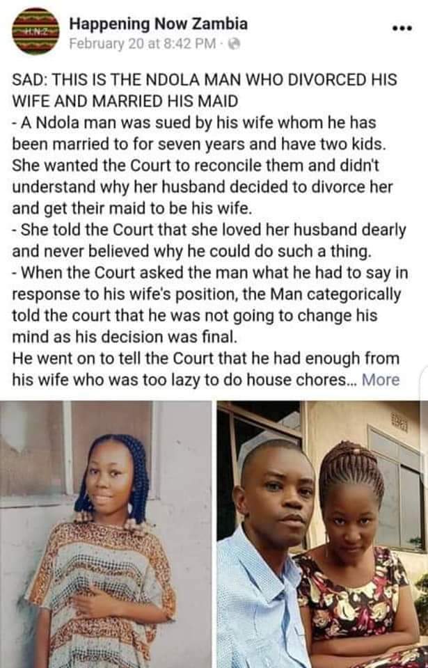 Zambian Man Divorces His Wife And Marries Maid Romance Nigeria