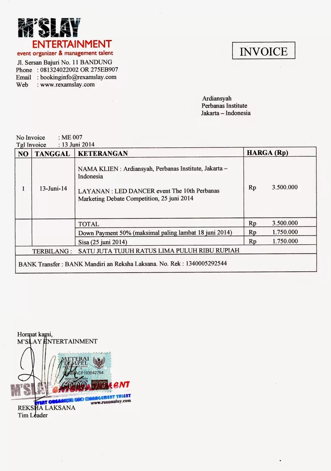 Contoh Invoice Tuntutan Bayaran Projek Contoh Invois