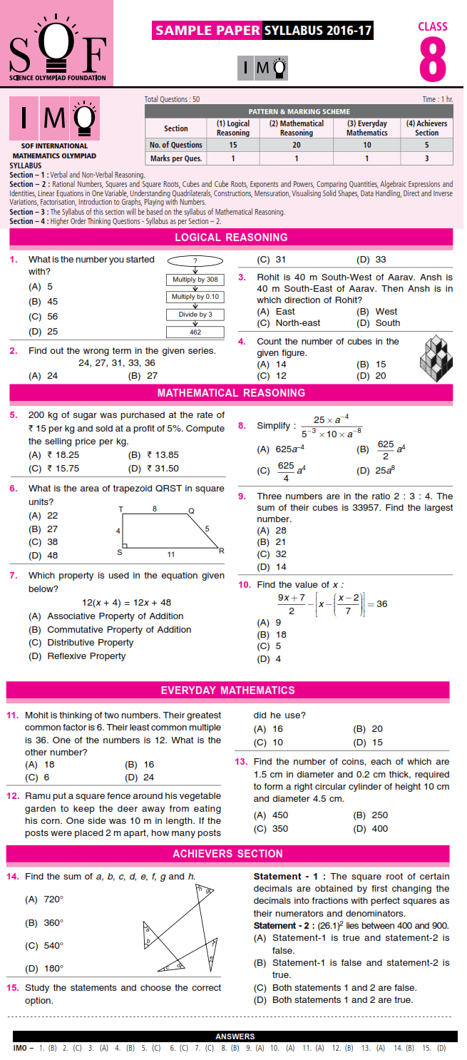 Nco Nso Imo Ieo And Igko 2018 2019 Class 8 First Level Sample Papers