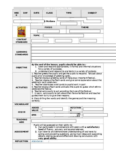 Contoh Complete Lesson Plan Rph Bahasa Inggeris Form