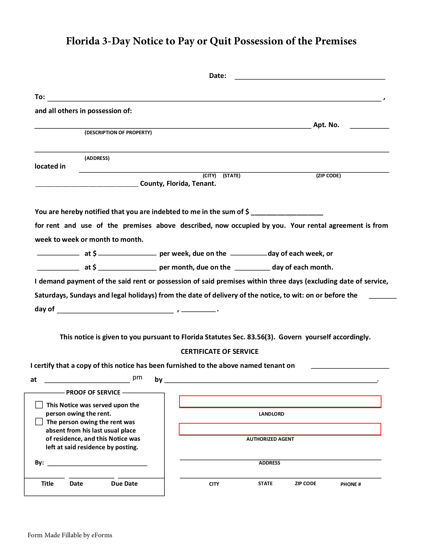 Free Florida 3 Day Notice To Quit Form Non Payment Of Rent Word