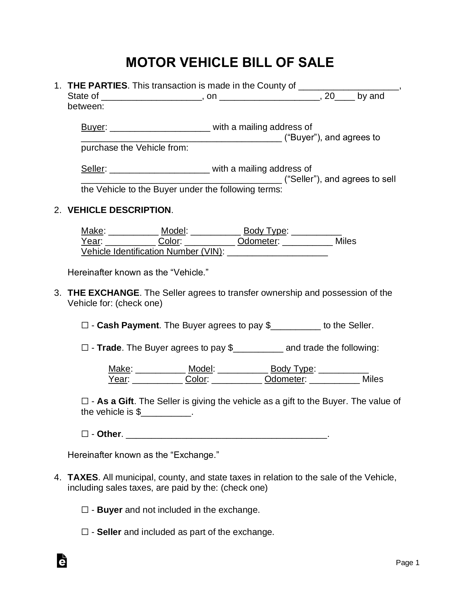 Free Motor Vehicle Dmv Bill Of Sale Form Word Pdf Eforms