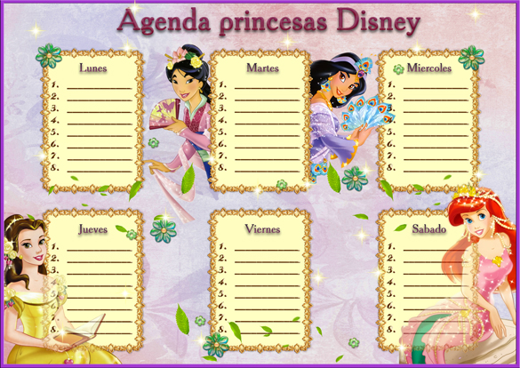 Agenda Disney Infantil Días De Las Semana Con Princesas Disney