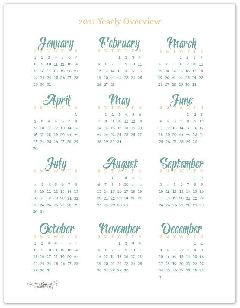 Year Calendar At A Glance Printable Word Searches