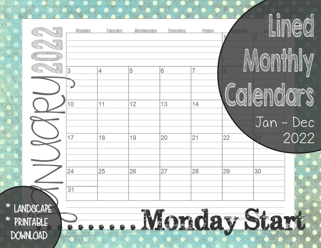 2022 Monday Start Lined Monthly Calendars 85x11 Landscape Etsy