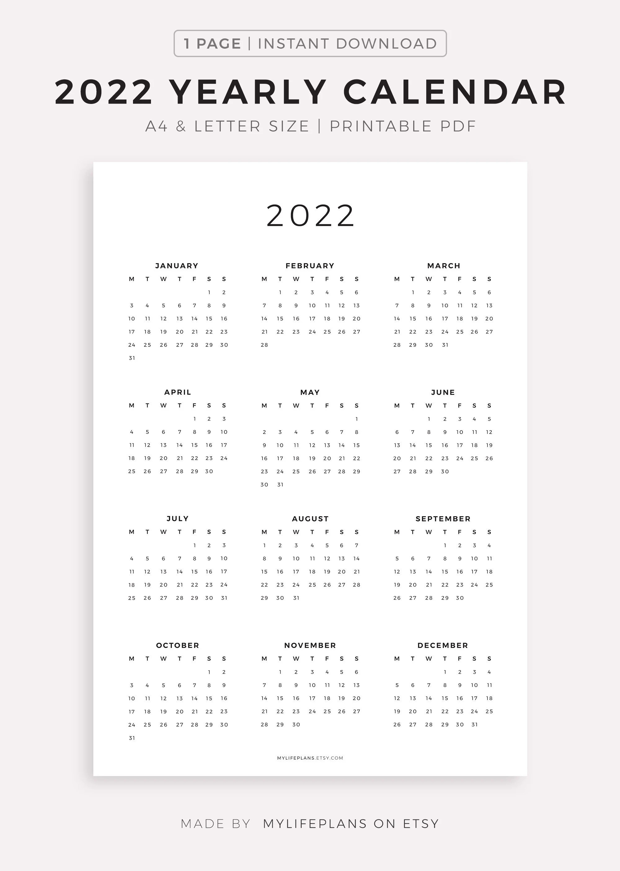 2022 Printable Calendar A4 Letter Size Minimal Modern Etsy Printable