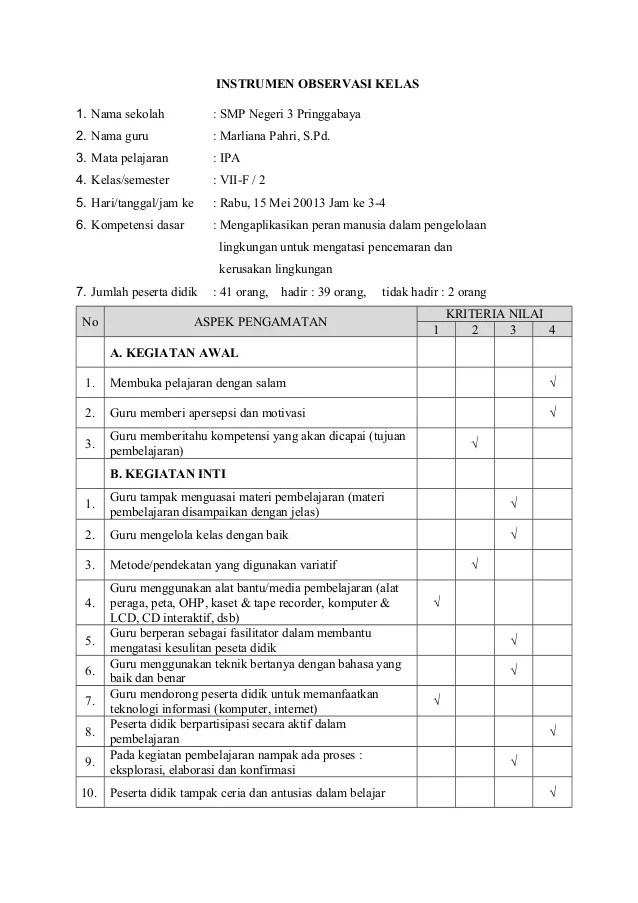 Instrumen Pra Observasi Proses Pembelajaran