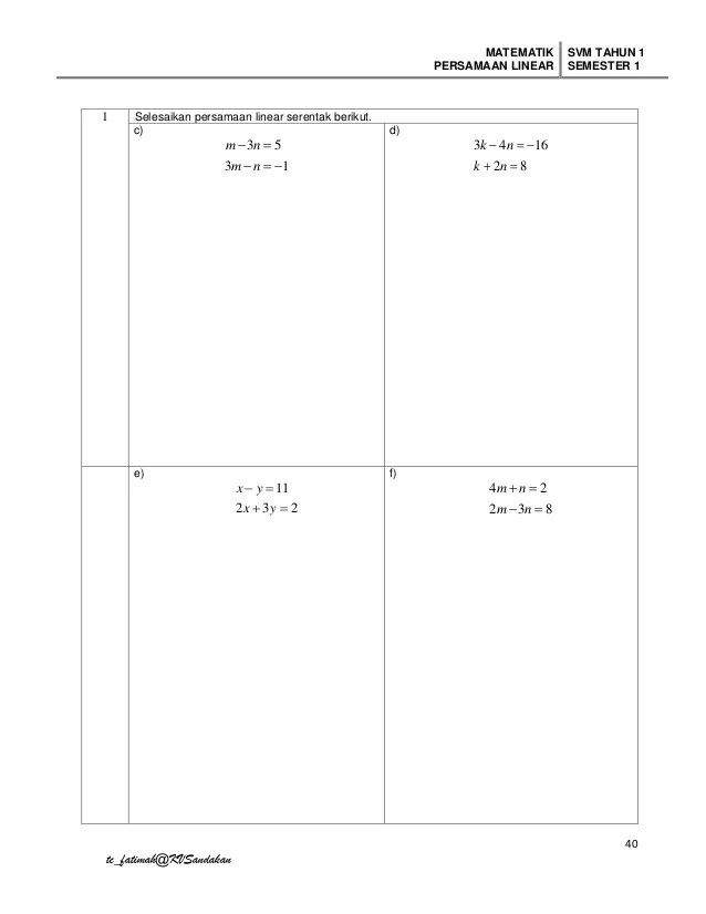 Latihan Persamaan Linear Tingkatan 1 6 3 Persamaan Linear Serentak