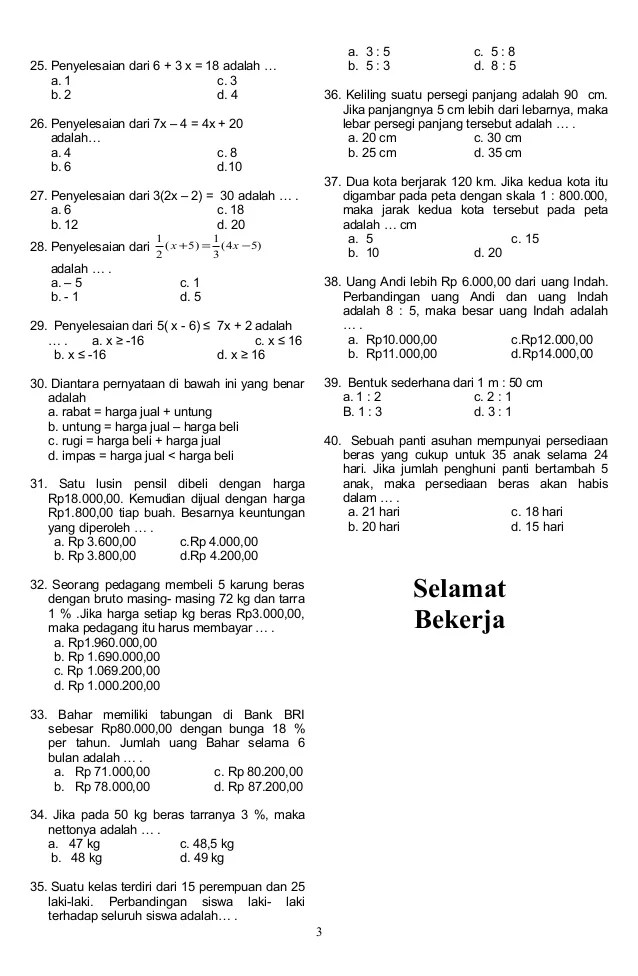 Soal Ulangan Matematika Kelas 7 Semester 1 Studyhelp