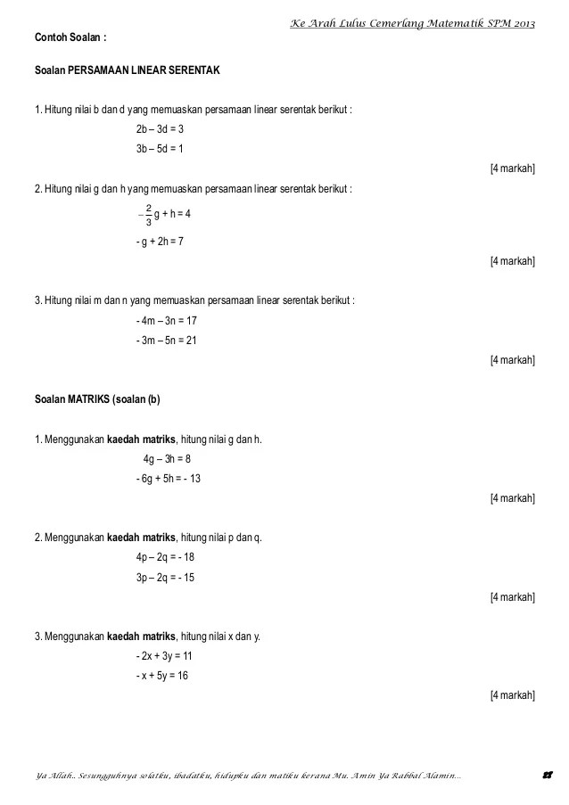 Contoh Soalan Persamaan Linear Serentak Tingkatan 1 Doc Soalan Kbat