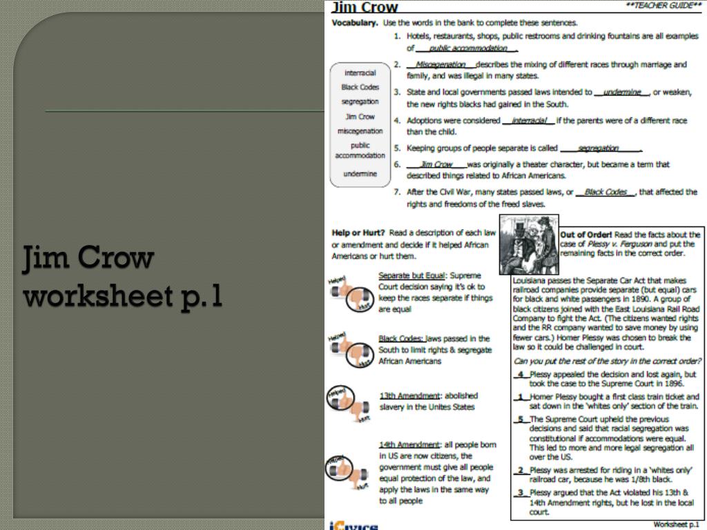 Jim Crow Worksheet Jim Crow Laws Facts Worksheets Historical