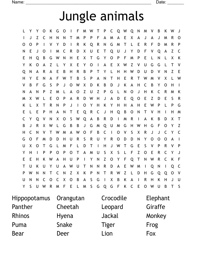 Jungle Animals Word Search Monster Word Search Jungle Animal Word