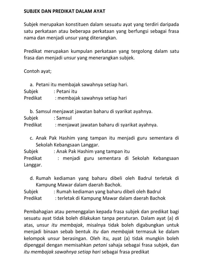 Nota Subjek Dan Predikat Spm Latihan Pengukuhan Subjek Prediket Pdf