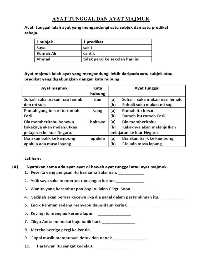 Latihan Ayat Tunggal Dan Ayat Majmuk Tahun 3 Tahun 4 Ayat Tunggal Dan