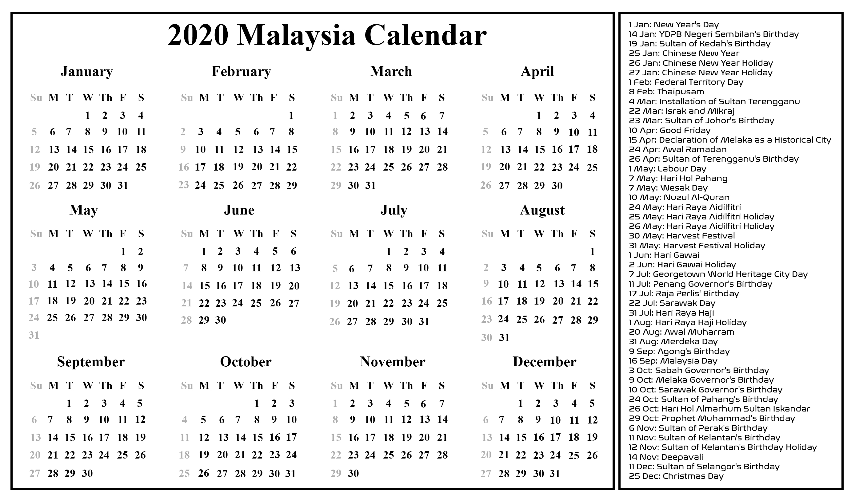 2022 Calendar Printable With Holidays Malaysia Calendar 2022 Calendar