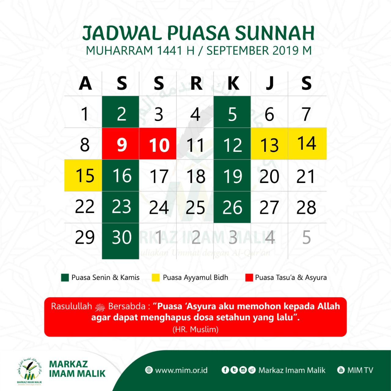 Jadwal Puasa Sunnah Muharram 1441 H Markaz Imam Malik