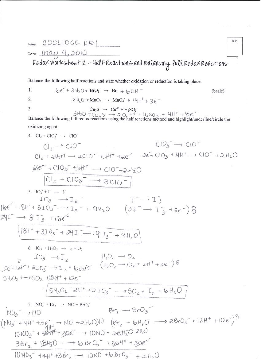 Balancing Redox Equations Worksheet Answers Balancing Redox Reactions