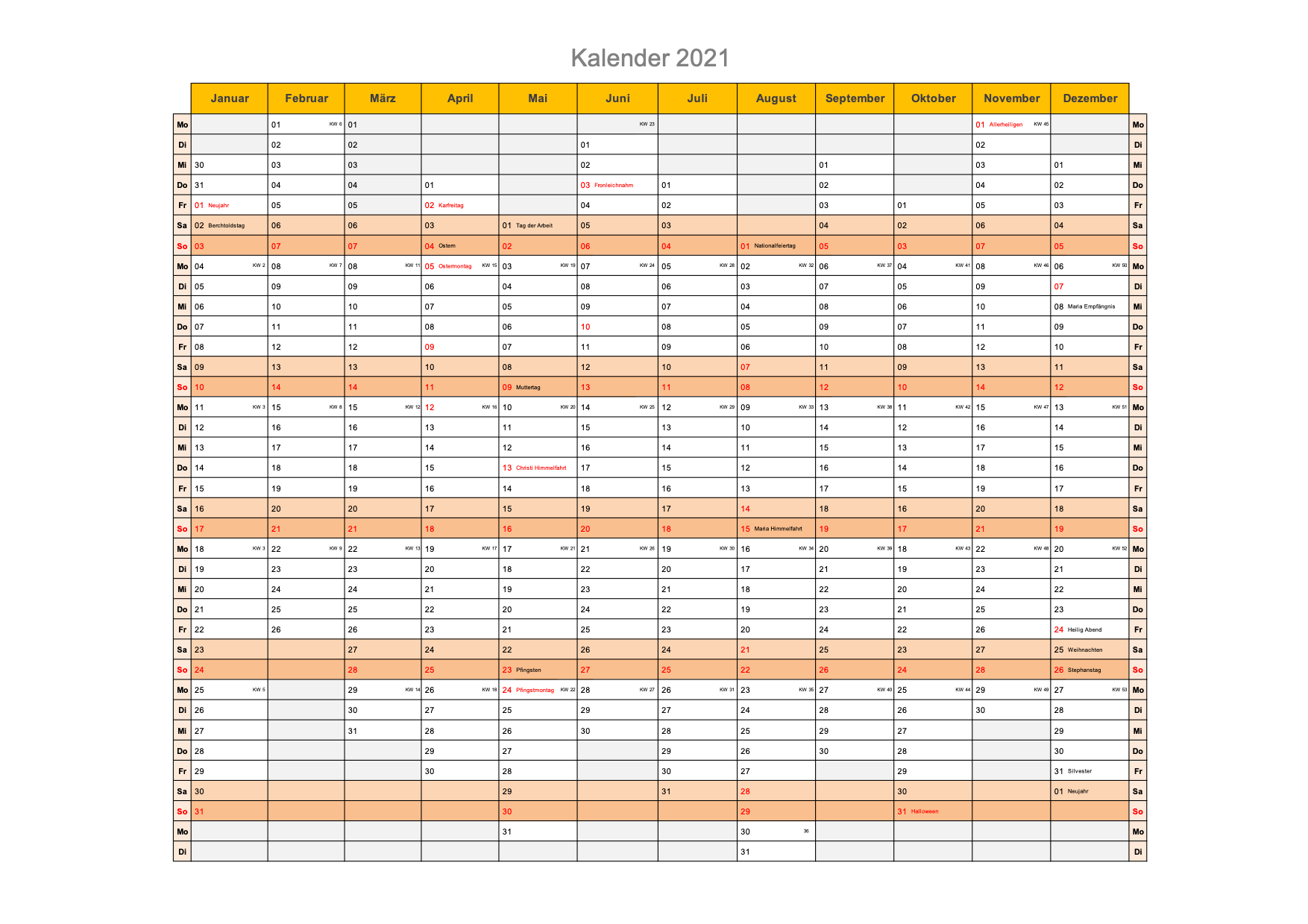 Excel Kalender 2021 Kalender 2021 Mit Excelpdfword Vorlagen