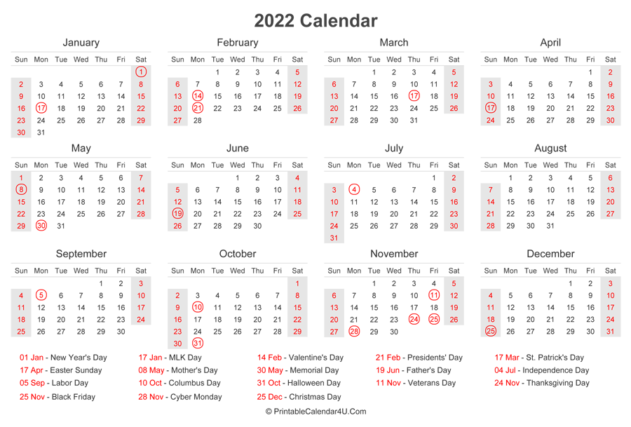 2022 Calendar With Us Holidays At Bottom Landscape Layout Hot Sex Picture