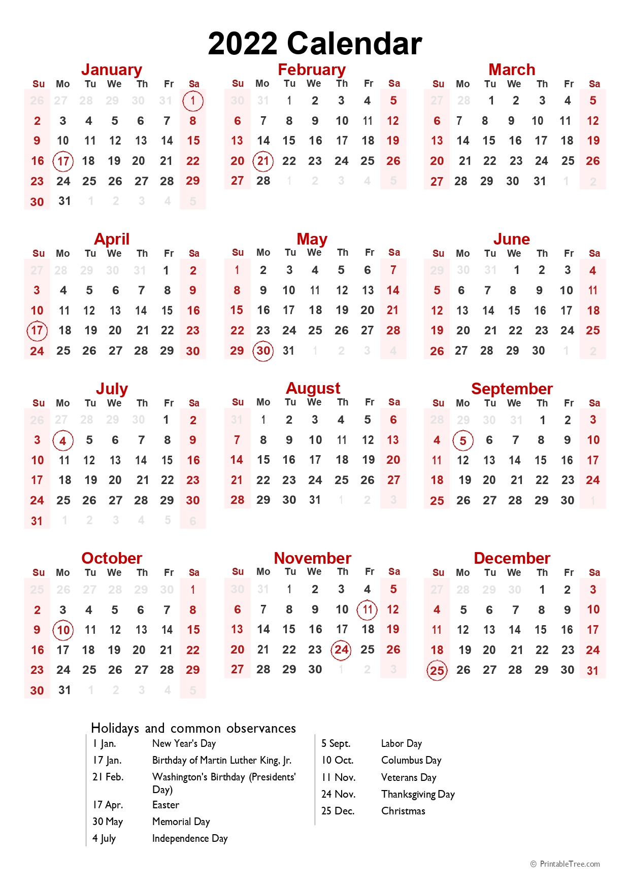 Printable Calendar 2022 One Page With Holidays Single Page 2022 Yearly