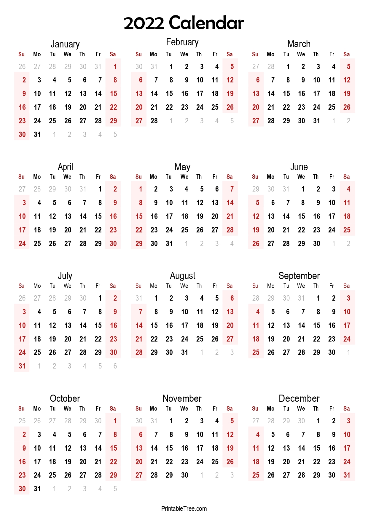 Free Printable Yearly 2022 Calendar With Holidays As Word Pdf Free