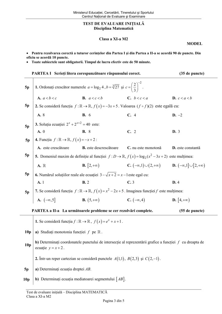 Teste Initiale Matematica Liceu Clasele 9 12 Pentru M1 Si M2 Modele