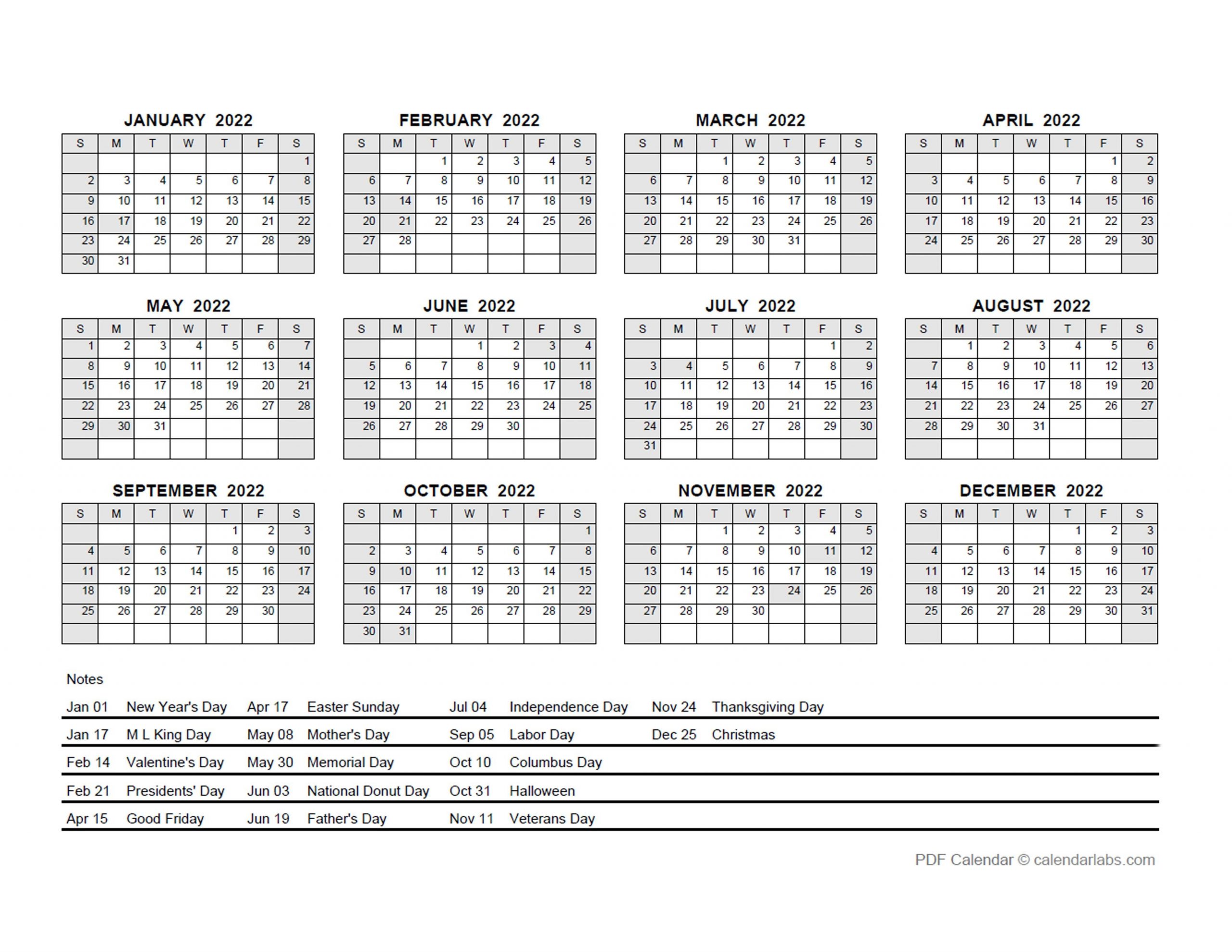 Free Printable Yearly 2022 Calendar With Holidays As Word Pdf Free