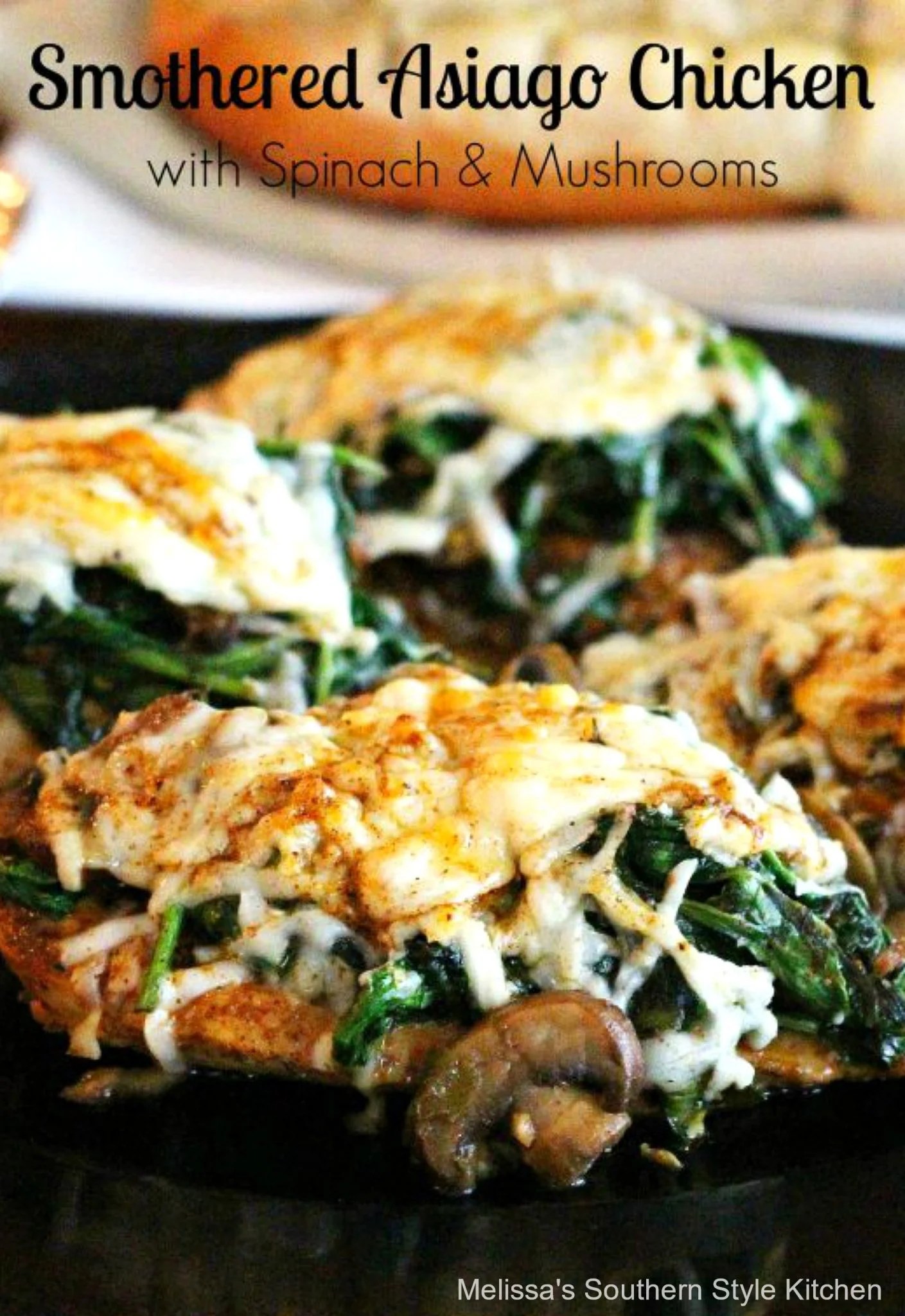 Smothered Asiago Chicken With Spinach And Mushrooms