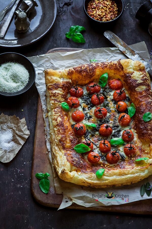 Cherry Tomato Puff Pastry Tart Binjals Veg Kitchen