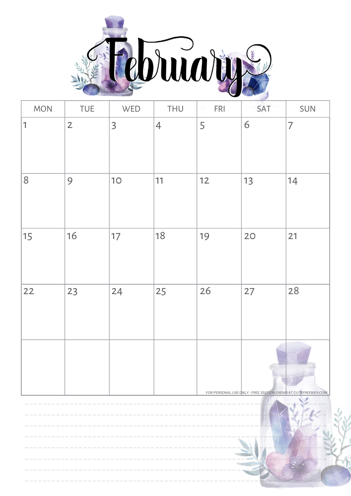 Free Cute Printable Calendar February 2021