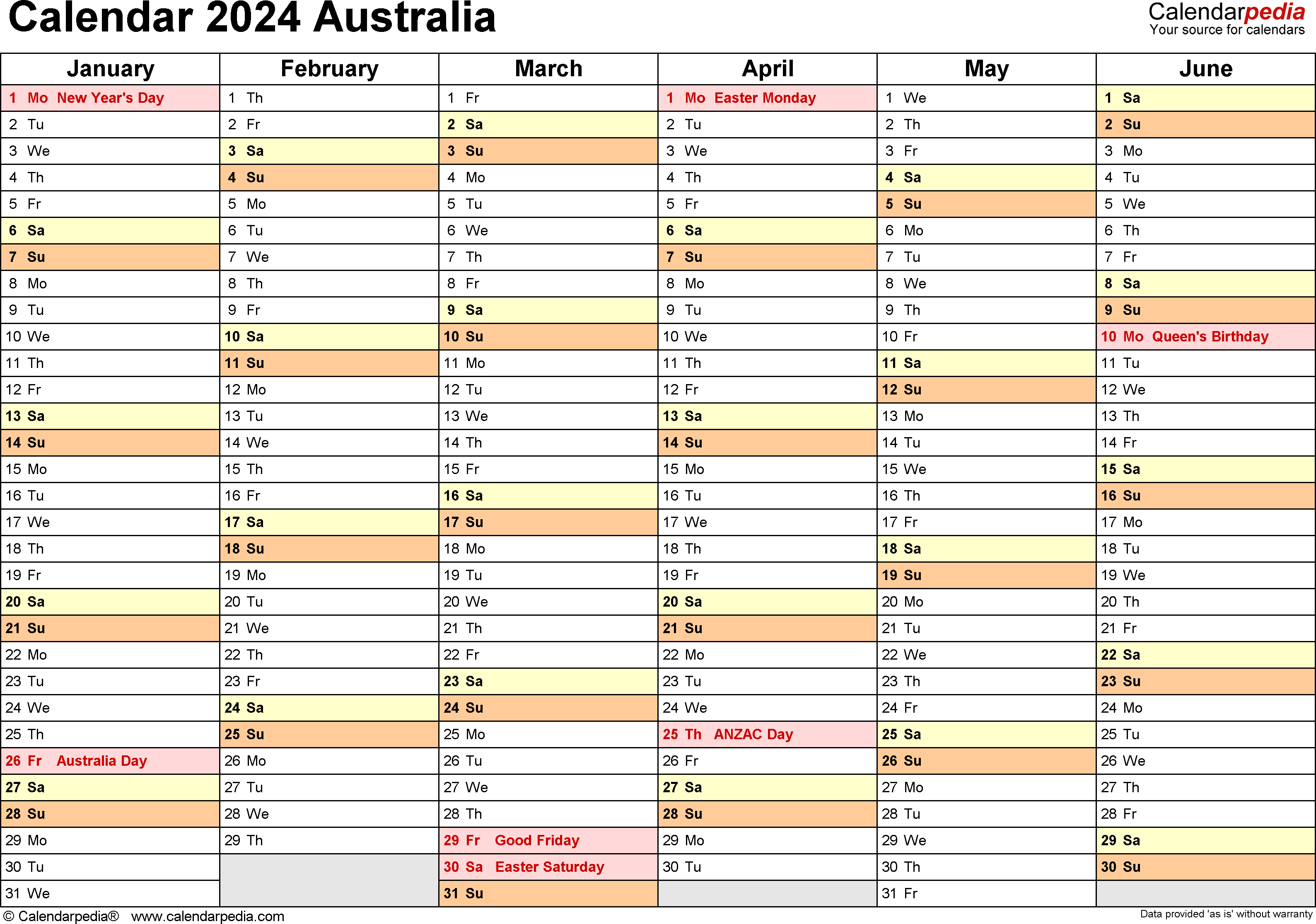 Australia Calendar 2024 Free Printable Excel Template