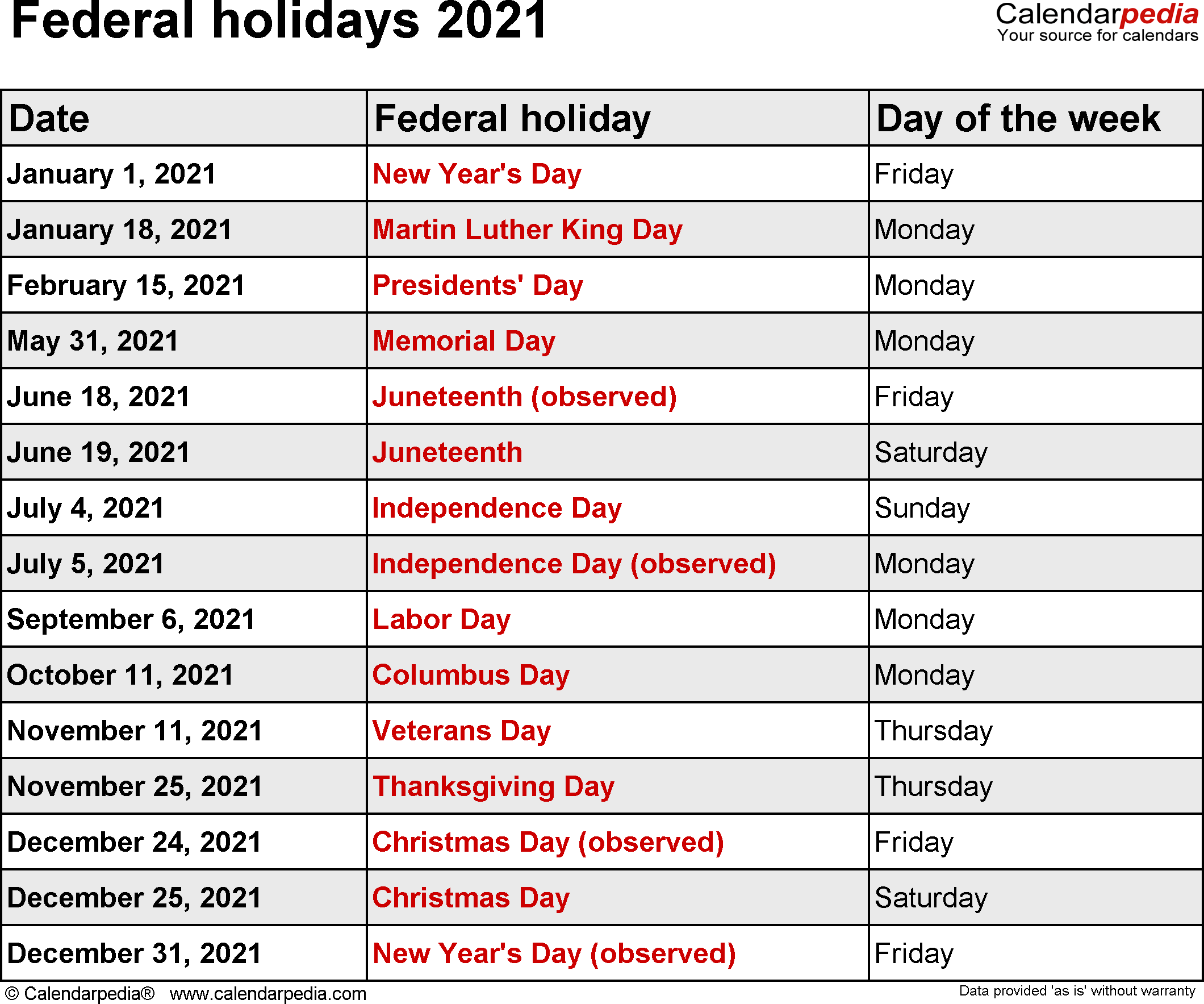 Federal Holidays 2021 Calendar Printable Free Yearly Calendar With