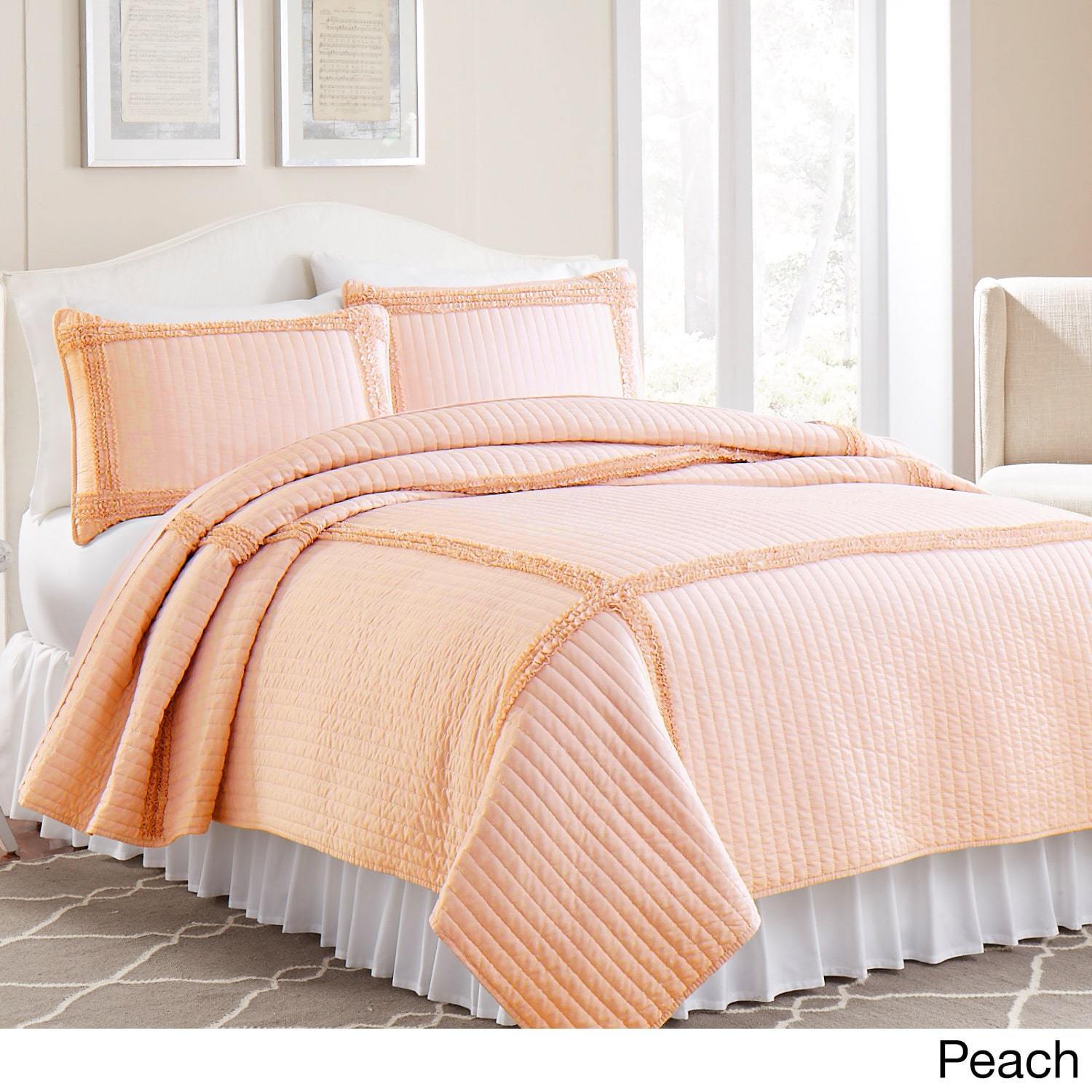 Twin Full Queen King Bed Solid Peach Ruffles 3 Pc Quilt Set Coverlet