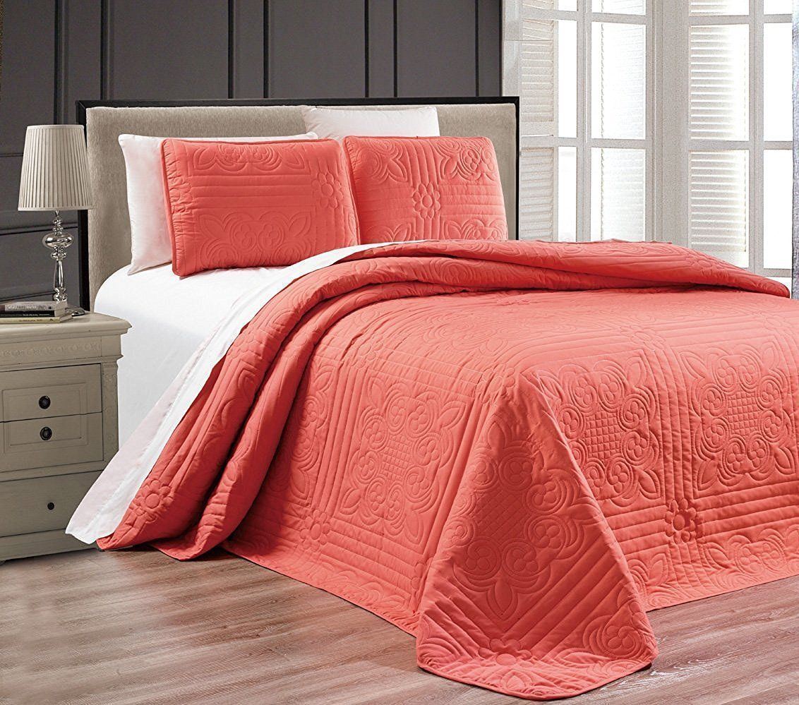 Twin Xl Full Queen Cal King Bed Coral Pink 3 Pc Quilt Set Coverlet