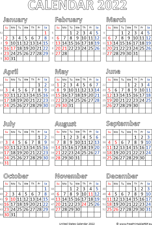 Free Printable Calendar 2022 With Holidays
