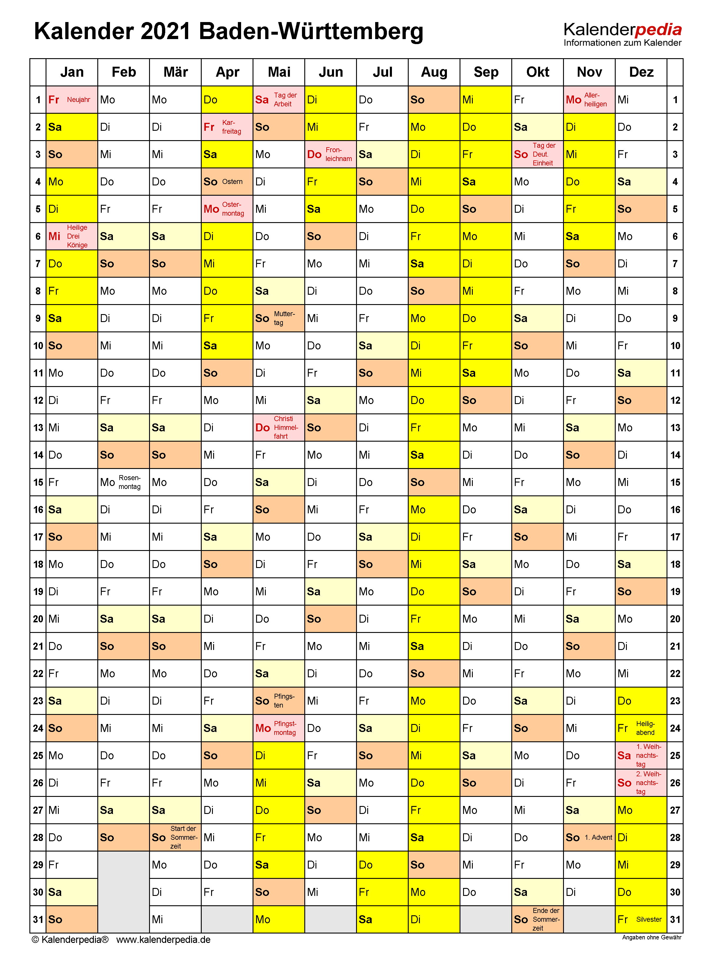 Jahreskalender 2021 Zum Ausdrucken Kostenlos Baden Württemberg