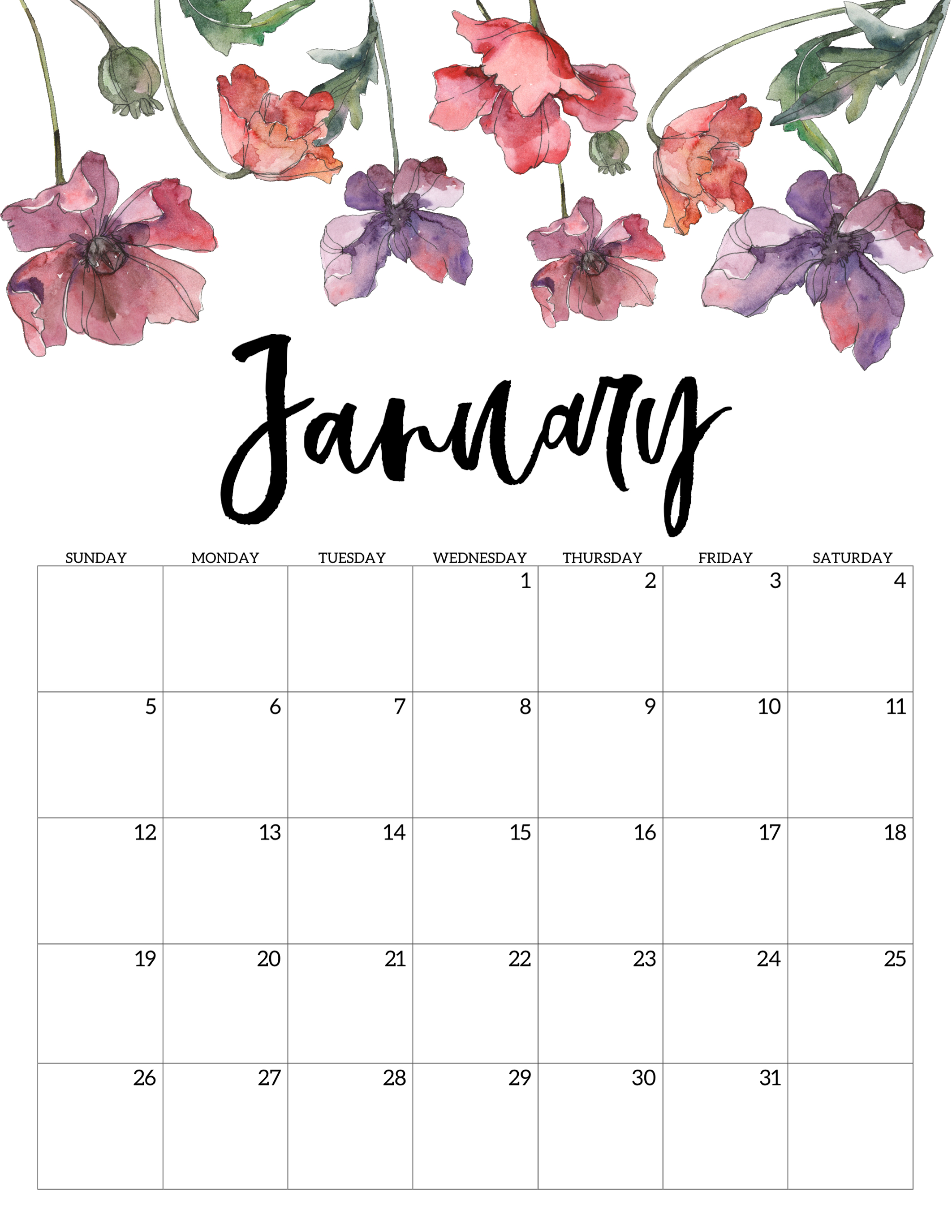 2020 Free Printable Calendar Floral Paper Trail Design